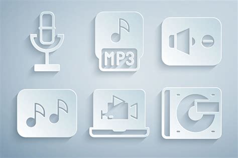 온라인 재생 비디오 스피커 음소거 음악 노트 톤 비닐 디스크가있는 비닐 플레이어 Mp3 파일 및 마이크 아이콘을 설정합니다 벡터