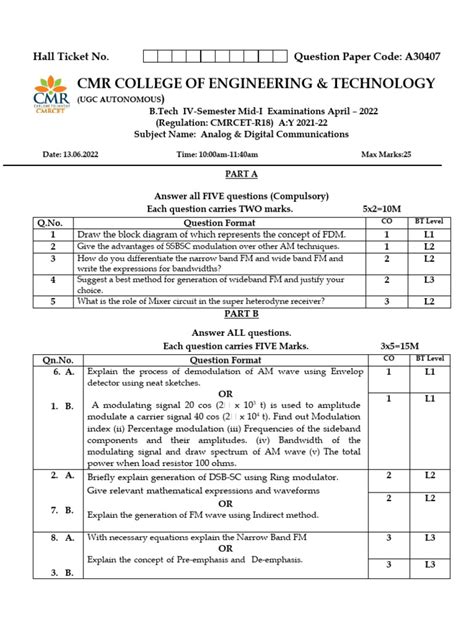Cmrcet I Mid Adc A30407 Re Exam Pdf Frequency Modulation
