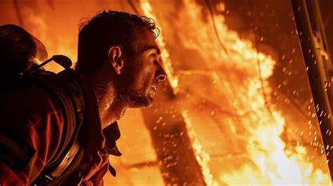 Firebarged Man Fire Crew Member Battling Towering Inferno His Face