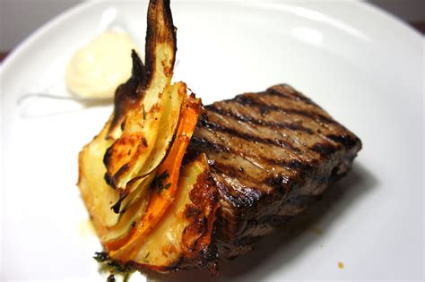 Steak With Parsnip Sweet Potato And Potato Chips And Aioli