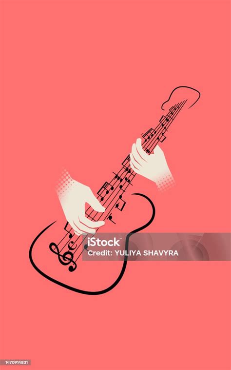 추상적인 음악적 배경 사운드 튠의 라인 웨이브에 음표가 있는 실루엣 기타 악기를 들고 있는 손 배너 전단지의 템플릿에 대한 디자인 요소 예술 음악 축제 포스터 손에 대한