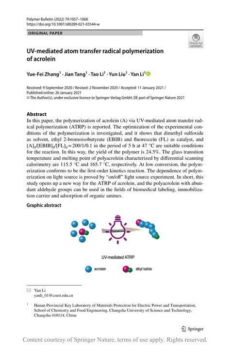 Uv Mediated Atom Transfer Radical Polymerization Of Acrolein Request Pdf