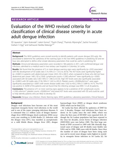 Pdf Evaluation Of The Who Revised Criteria For Classification Of Clinical Disease Severity In