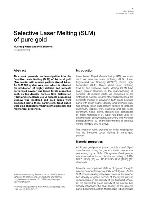 Pdf Selective Laser Melting Slm Of Pure Gold