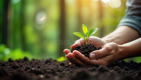 Mãos Seguram Pequenas Plantas No Solo Imagem Ecológica Conceito De