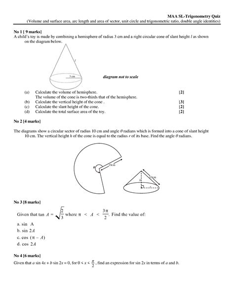 Trigonometry Quiz 2020 Maa Sl Trigonometry Quiz Volume And Surface Area Arc Length And Area