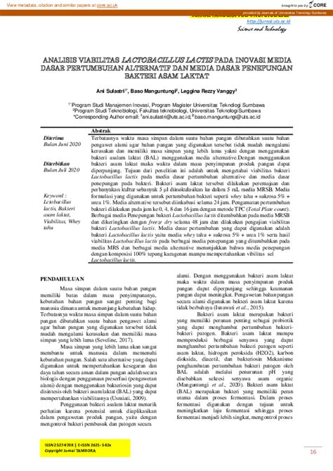 Pdf Analisis Viabilitas Lactobacillus Lactis Pada Inovasi Media Dasar