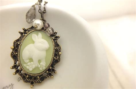 Bunny Necklace Rabbit Necklace Apple Green Necklace Cameo