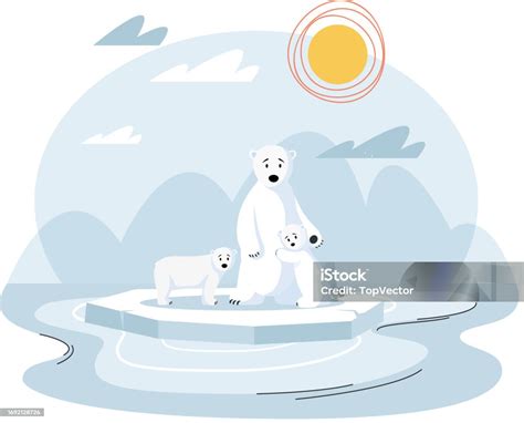 불행한 북극곰 가족은 기후 변화 지구 온난화로 고통받는 녹는 빙하에 서 있습니다 개념과 주제에 대한 스톡 벡터 아트 및 기타