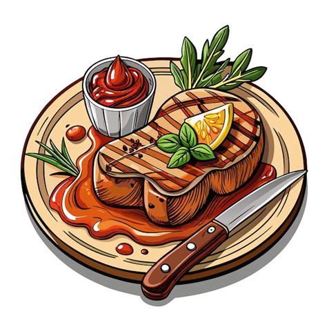 Un Dibujo De Un Filete En Un Plato Con Un Cuchillo Y Bebidas Vector