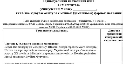 Індивідуальний навчальний план з мистецтва 9 клас для учнів які здобувають освіту за сімейною