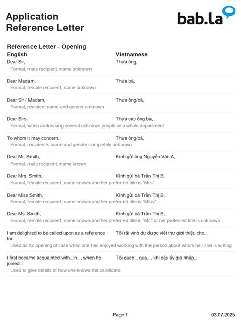Bab La Phrases Reference Letter English Vietnamese Pdf