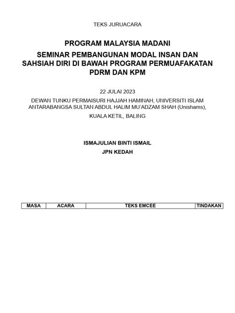Teks Emcee Program Malaysia Madani Unishams Full Pdf