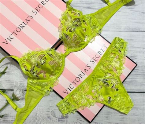Victorias Secret Luxe Unlined Floral Embroidered Demi Bra Thong Set Limelight Ebay
