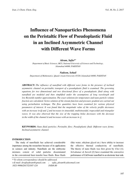 Pdf Influence Of Nanoparticles Phenomena On The Peristaltic Flow Of Pseudoplastic Fluid In An