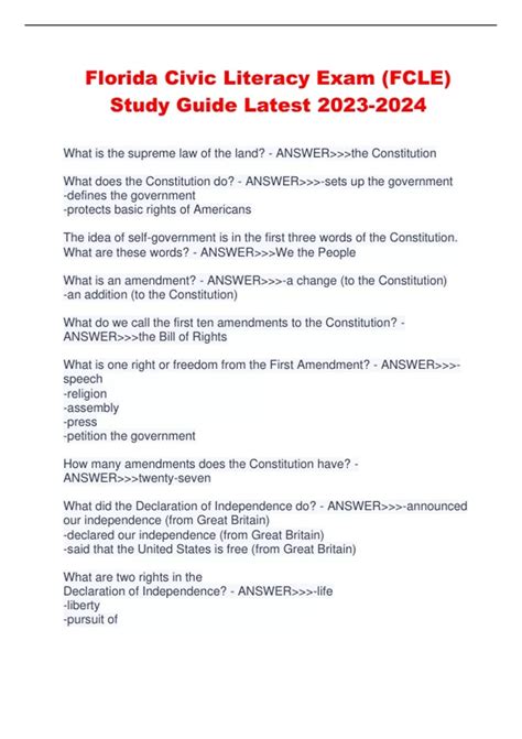 Florida Civic Literacy Exam FCLE Study Guide Latest Florida Civic