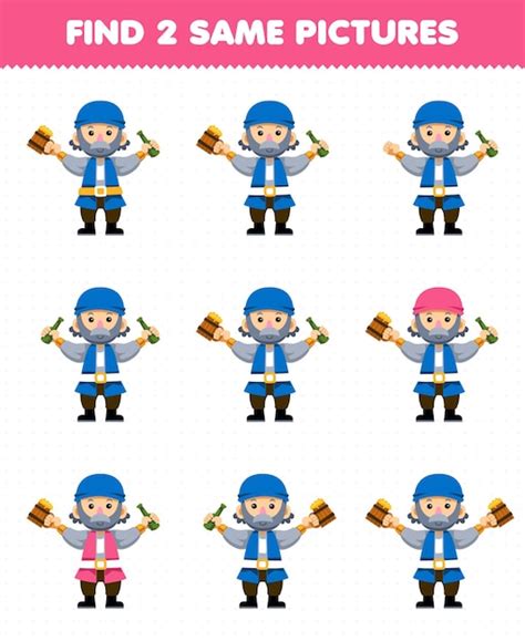 어린이를 위한 교육 게임은 귀여운 만화 노인 캐릭터 인쇄 가능한 해적 워크시트의 두 개의 동일한 사진을 찾습니다 프리미엄 벡터