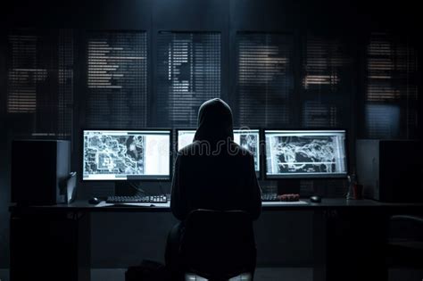 Hacker Dressed In A Hoodie Sitting In A Dark Room Surrounded By