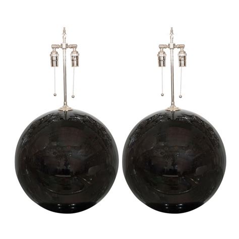 Pair Of Monumental Spherical Black Glass Table Lamps Table Lamps