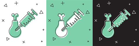 흰색과 녹색 검은 색 배경에 고립 된 Gmo 연구 치킨 아이콘을 설정합니다 주사기는 닭에 주입되고 벡터 0명에 대한 스톡 벡터