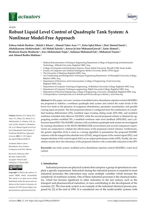 Pdf Robust Liquid Level Control Of Quadruple Tank System A Nonlinear Model Free Approach