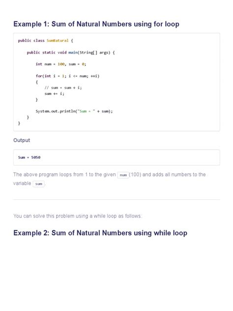 Java Program To Calculate The Sum Of Natural Numbers Pdf Teaching Methods And Materials