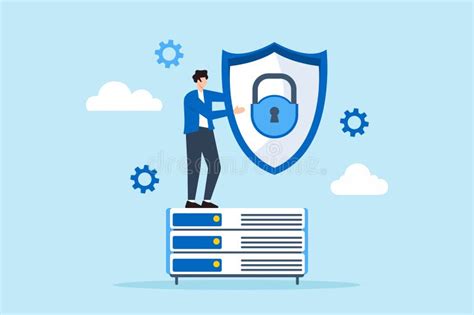 Flat Illustration Of It Specialist Holding Shield Over Network Server To Represent Data