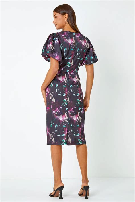 Black Floral Puff Sleeve Ruched Stretch Dress Roman Uk