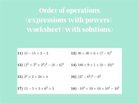 order of operations expressions with powers worksheet with solutions