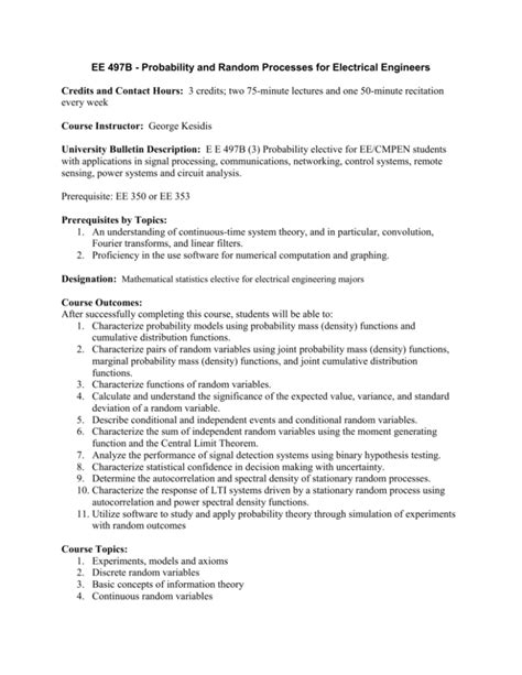 Official Course Outline Department Of Electrical Engineering