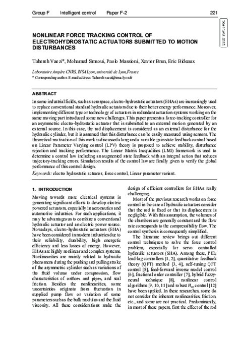 Pdf Nonlinear Force Tracking Control Of Electrohydrostatic Actuators