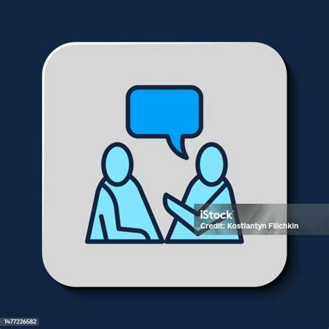 채워진 윤곽선 파란색 배경에 고립된 아이콘을 말하는 두 명의 앉아있는 남자 말풍선 채팅 메시지 아이콘입니다 통신 또는 댓글 채팅