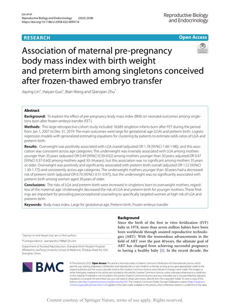 Pdf Association Of Maternal Pre Pregnancy Body Mass Index With Birth