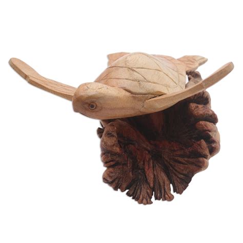 UNICEF Market Hand Carved Ocean Turtle Jempinis Wood Tree Sculpture Turtle Current