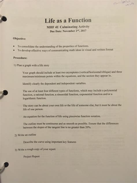 Solved Life As A Function MHF 4U Culminating Activity Due Chegg