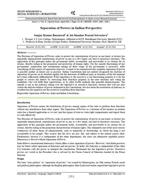 Separation Of Powers In Indian Perspective Sanjay Kumar Baranwal And Jai