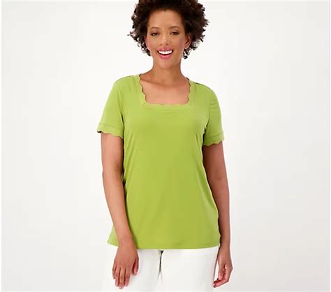 As Is Susan Graver Liquid Knit Short Sleeve Top With Scalloped Trim