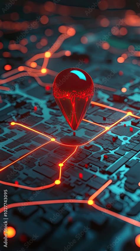 Red Location Pin On A High Tech Urban Map With Glowing Circuits Stock Illustration Adobe Stock