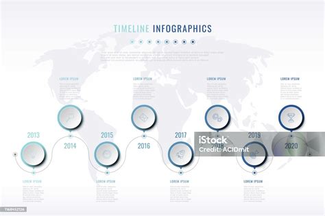 얇은 라인 마케팅 아이콘 연도 표시 및 배경에 세계지도와 현대 회사 역사 시각화 비즈니스 데이터 인포그래픽을 제공합니다 벡터 기업 프리젠 테이션 슬라이드 템플릿 Eps 10