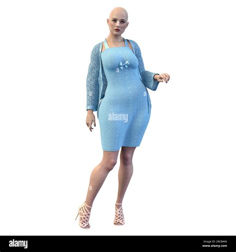 Woman On Isolated Background In Blue Knee Length Summer Dress With