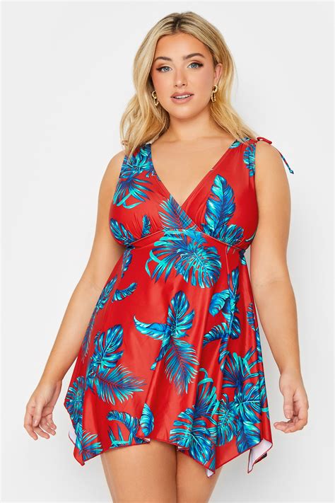 Yours Plus Size Curve Red Palm Leaf Plunge Tummy Control Swim Dress