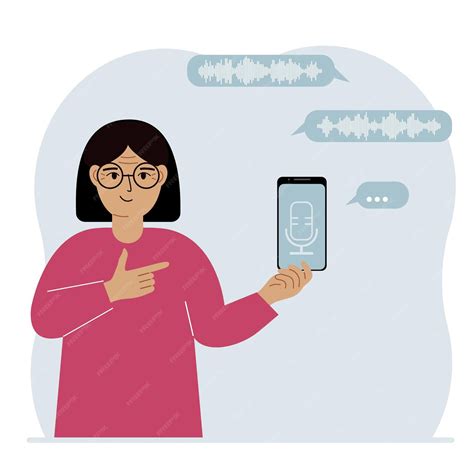 Premium Vector A Woman Holds A Smartphone Using A Voice Assistant Application Voice