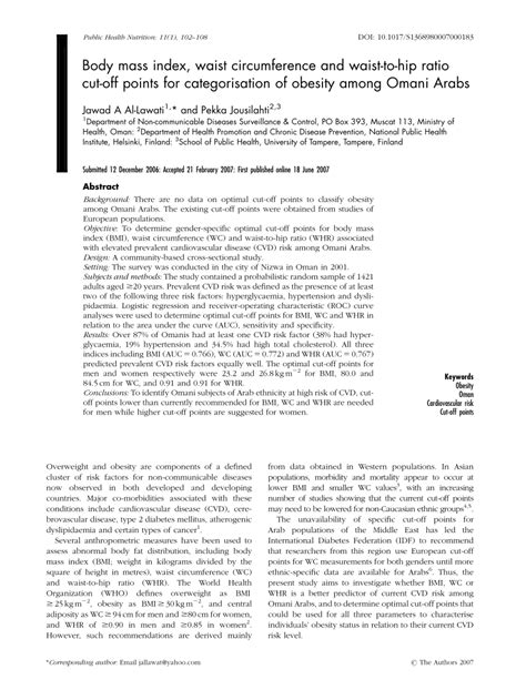 Pdf Body Mass Index Waist Circumference And Waist To Hip Ratio Cut Off Points For