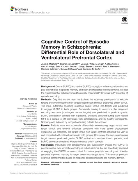 Pdf Cognitive Control Of Episodic Memory In Schizophrenia Differential Role Of Dorsolateral