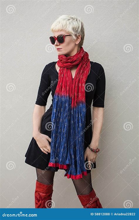 Young Woman Blonde In Fashion Black Little Dress Red Scarf Sunglasses