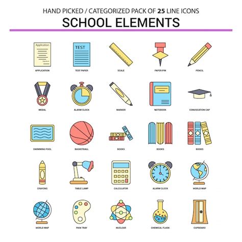 École éléments Ligne Plate Icon Set Vecteur Gratuite