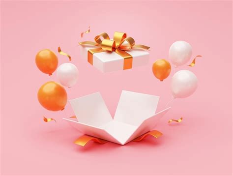 풍선 및 색종이 조각 휴일 깜짝 축하 인사말 3d 렌더링 그림이 있는 열린 선물 상자 무료 사진