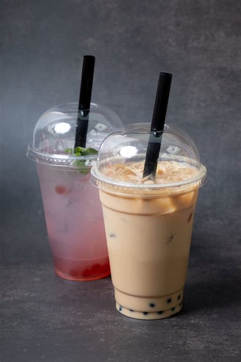 Two Plastic Glasses With Bubble Tea On Dark Background Trendy Summer