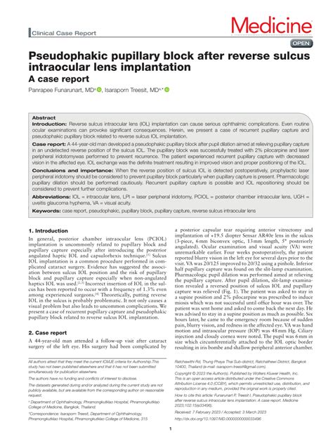 Pdf Pseudophakic Pupillary Block After Reverse Sulcus Intraocular Lens Implantation A Case Report