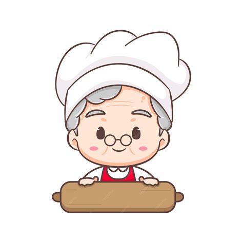 귀여운 할머니 또는 할머니 요리사 만화 캐릭터 직업 컨셉 디자인 벡터 일러스트 레이 션 프리미엄 벡터